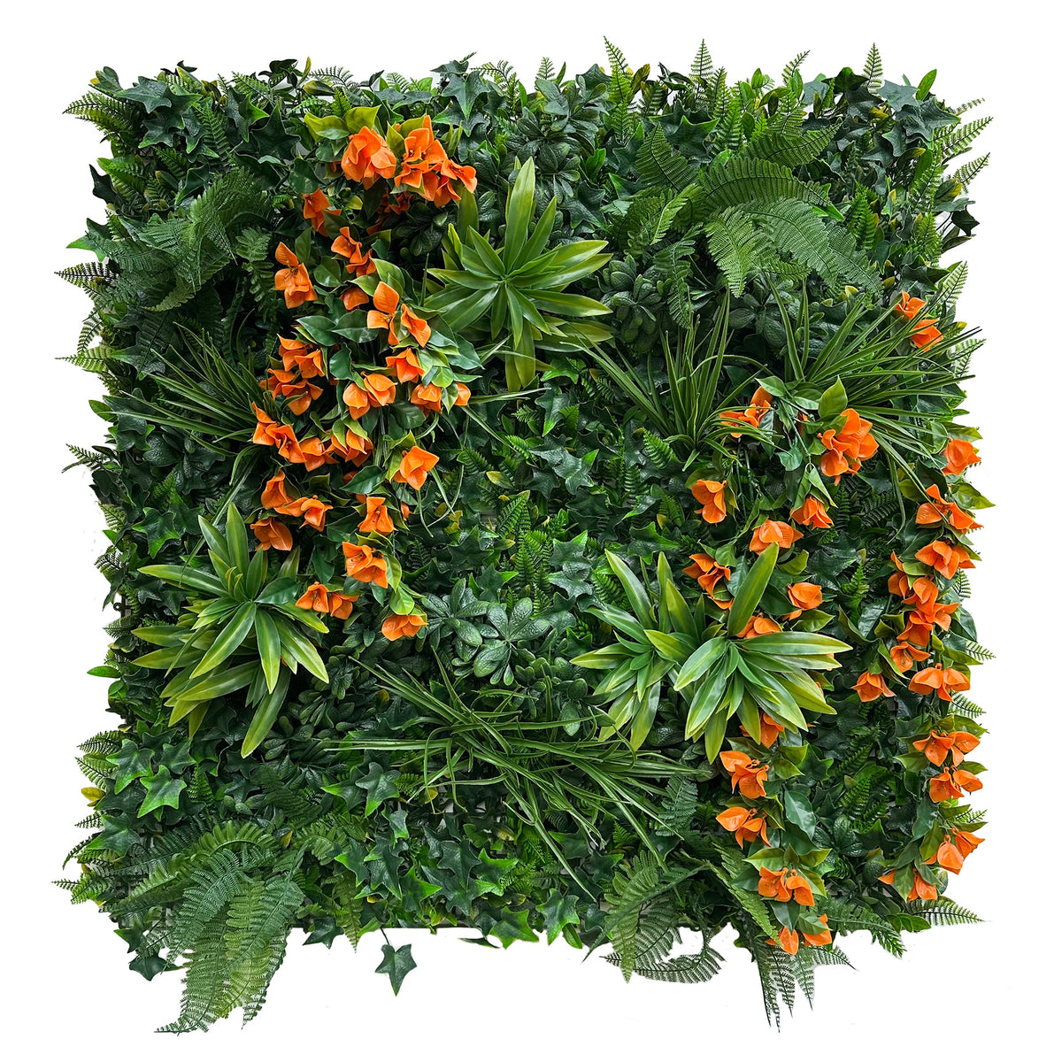 Artificial green wall panel with variegated foliage and orange trailin ...
