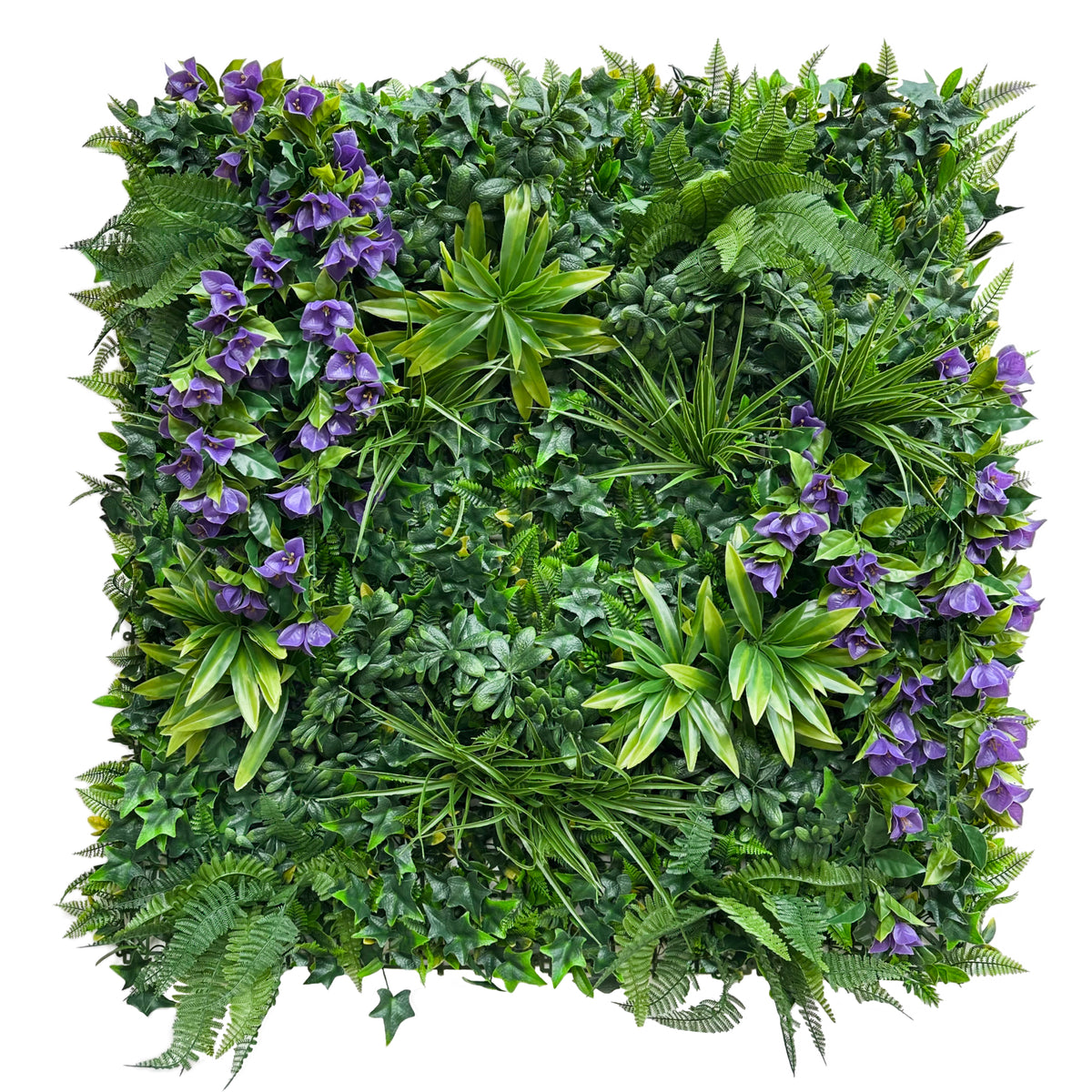 Artificial green wall panel with variegated foliage and purple trailin ...